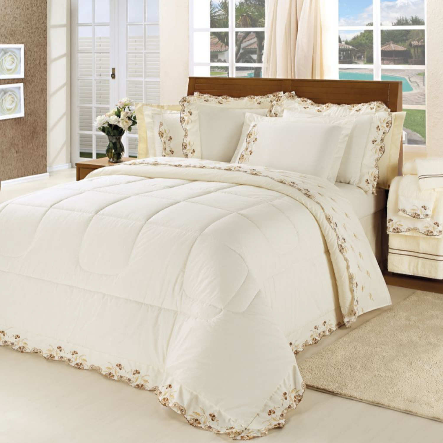 Kit Edredom Casal Queen Emozione 5 Peças Bordado 100% Algodão 200 Fios ...