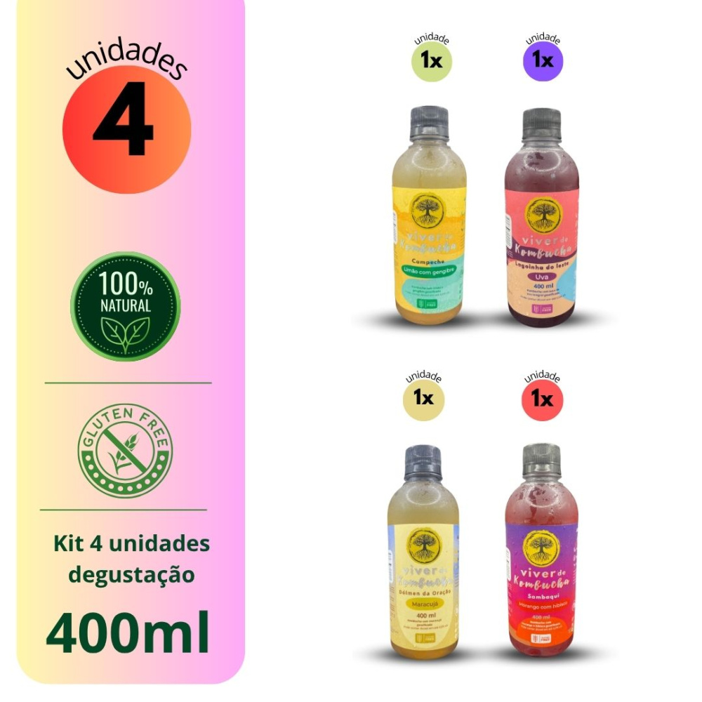 Kombucha Kit 4 Unidades Degustação de 400ml - Viver de Kombucha