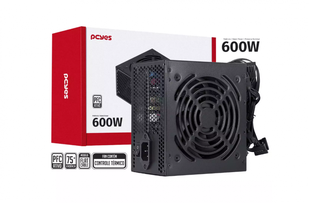 Fonte ATX Pcyes Spark 600W - PFC Ativo - Cabos Flat - XENXEN Eletrônicos